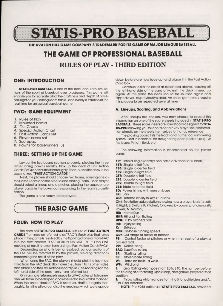 Statis Pro Baseball 1993 – Complete Game – Sports Board Gamer